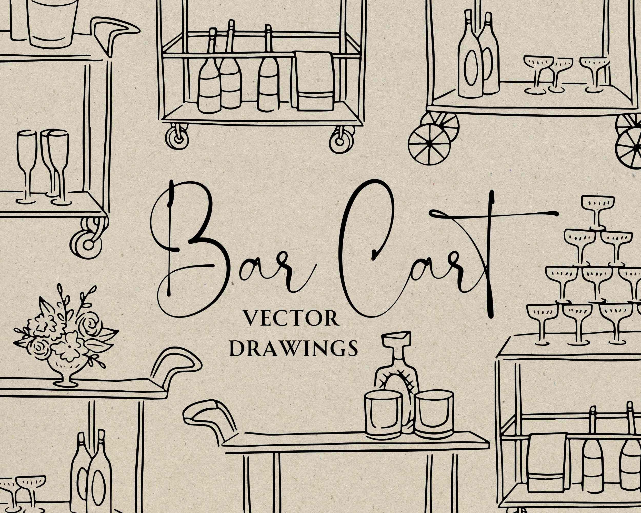 Hand Drawn Bar Cart Doodle SVG PNG, Whimsical Bar Cart Clipart, DIY ...