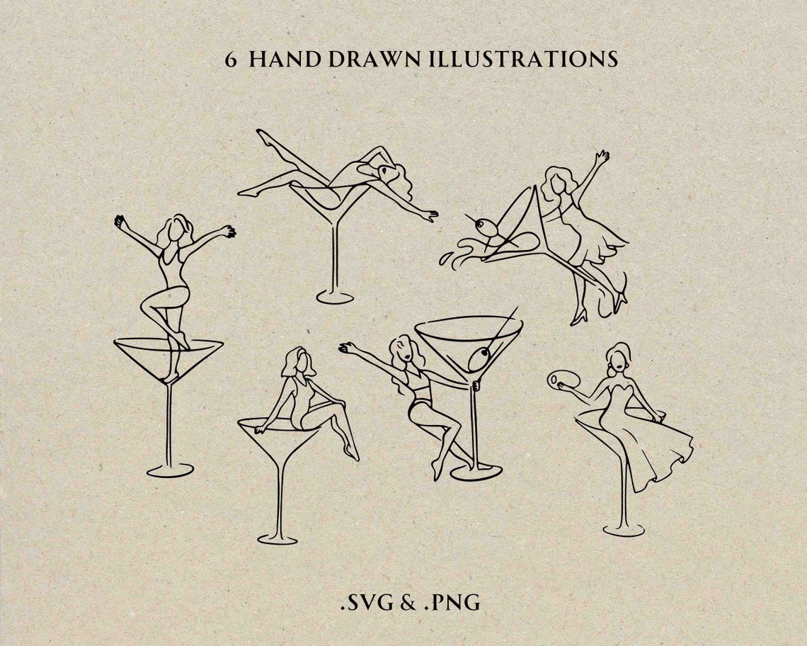 Women in Martini Glass SVG PNG, Whimsical Bachelorette Party Outline ...