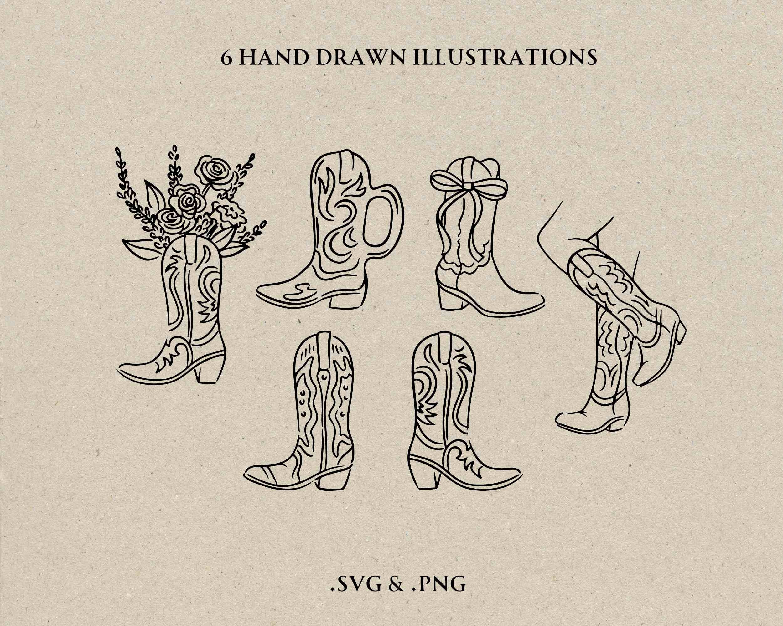 Hand Drawn Cowboy Boot SVG PNG, Illustrated Cowgirl Boot Clipart Doodle ...