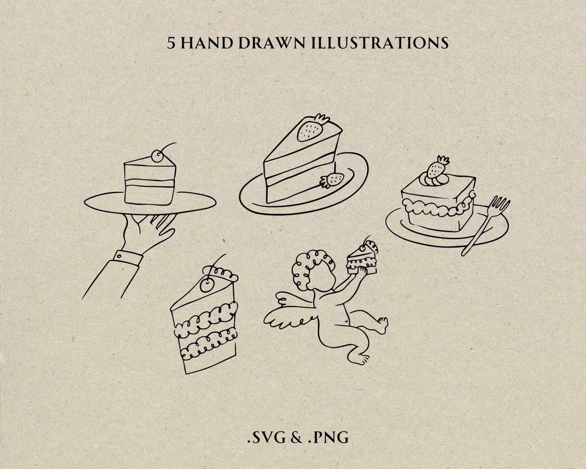 Hand Drawn Cake Slice SVG PNG, Whimsical Wedding Menu Icon, Waiter's ...