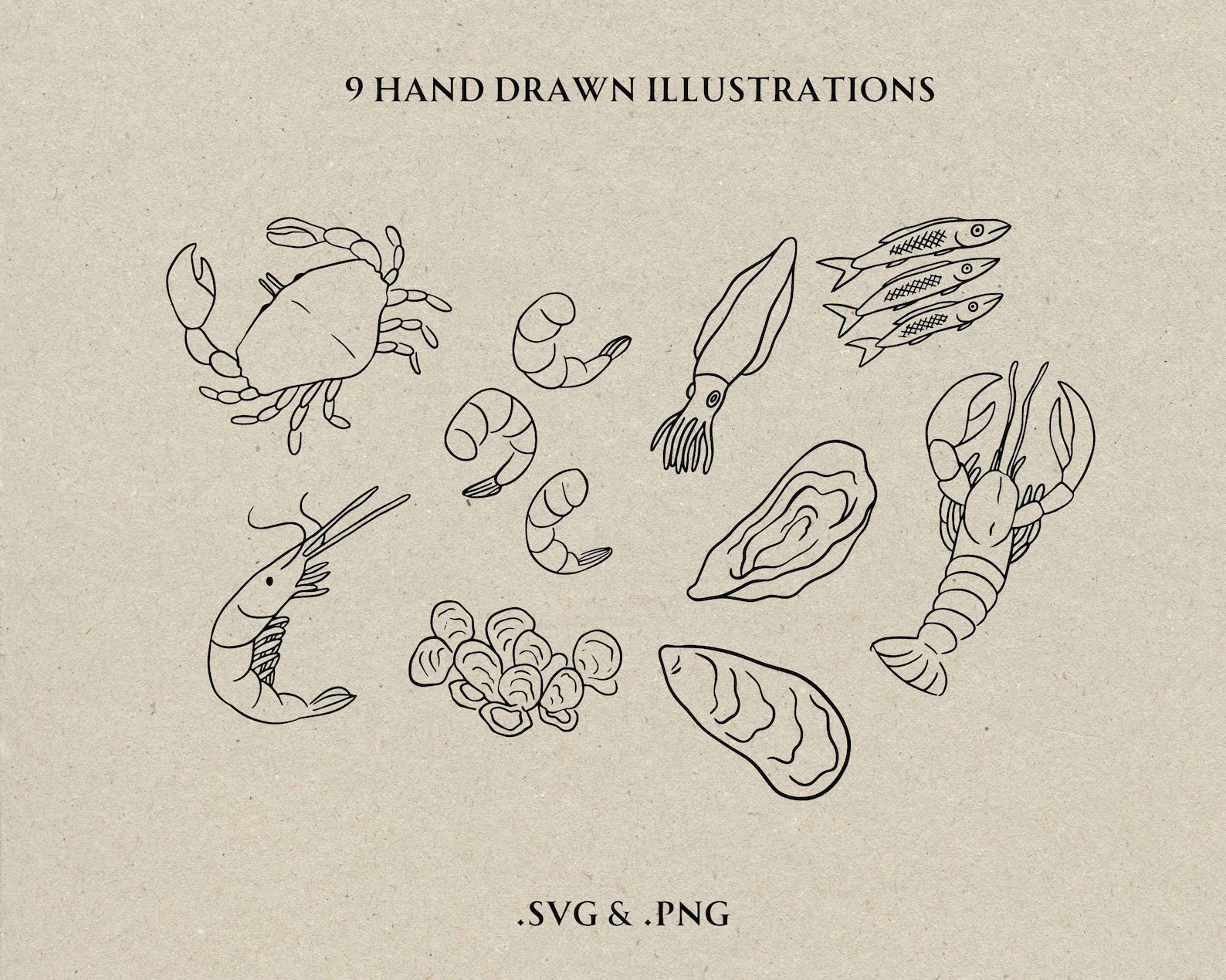 Hand Drawn Seafood SVG PNG, Quirky Illustrated Fish Icon, Shrimp ...