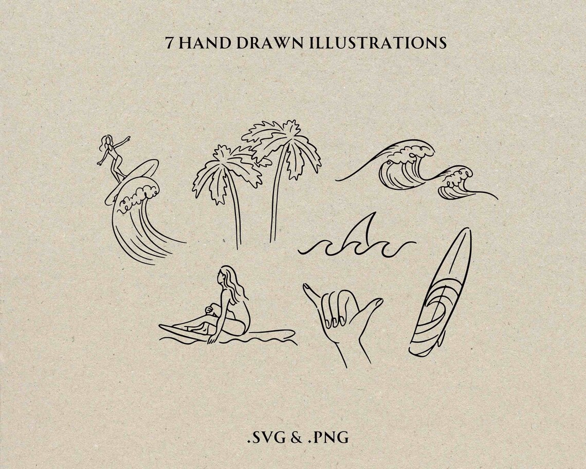 Hand Drawn Surfer Girl SVG PNG, Whimsical Coastal Doodle Outline, Beach ...