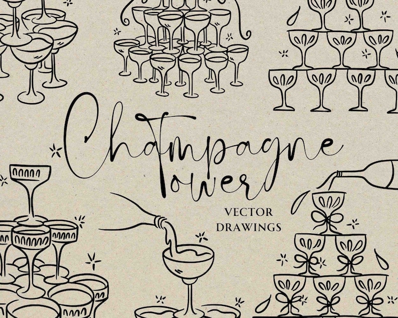 Hand Drawn Champagne Tower SVG PNG, Wedding Party Clipart, Pouring ...