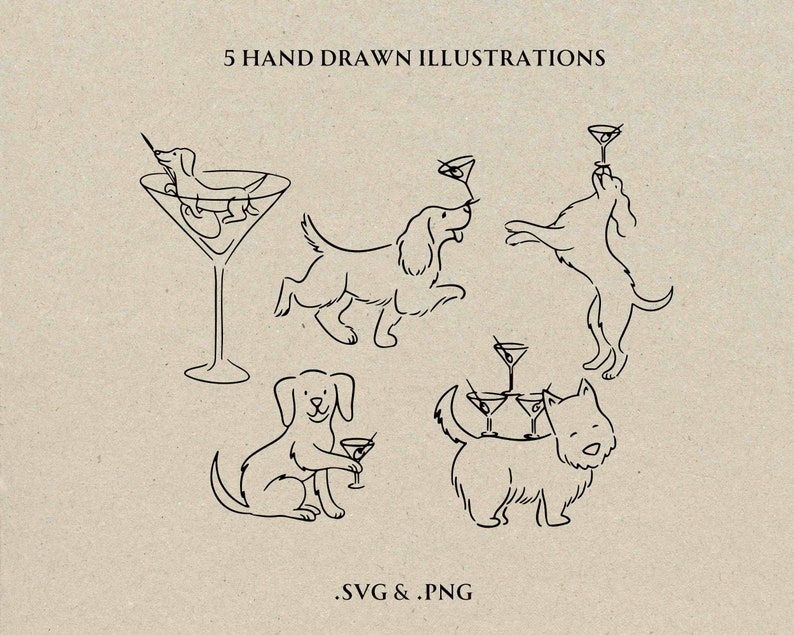 Hand Drawn Dog and Martini SVG PNG, Whimsical Dirty Martini Clipart ...