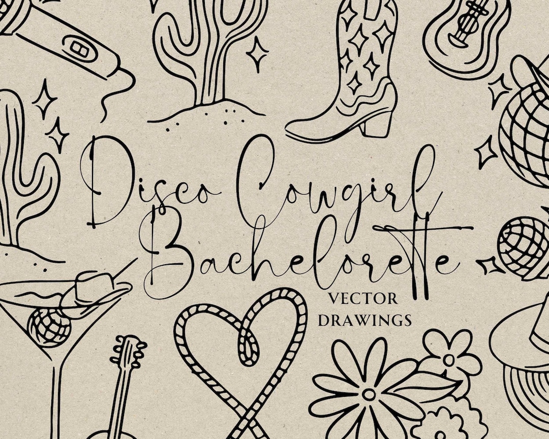 Hand Drawn Disco Cowgirl Bachelorette SVG PNG, Whimsical Western Hen Do ...