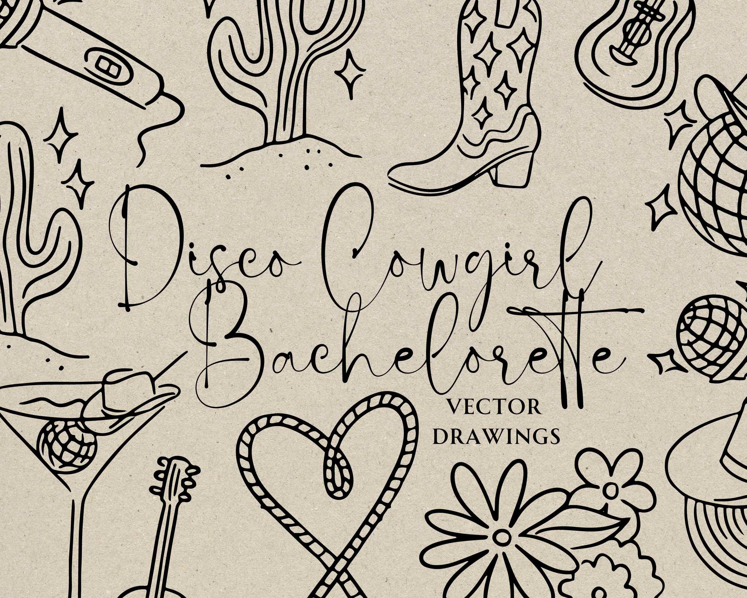 Hand Drawn Disco Cowgirl Bachelorette SVG PNG, Whimsical Western Hen Do ...