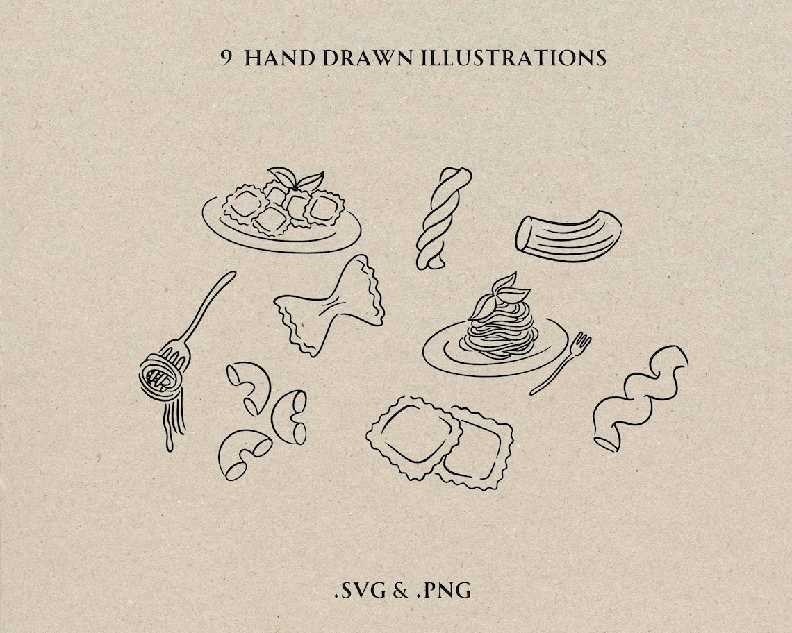 Hand Drawn Pasta Doodle SVG PNG, Illustrated Italian Food Clipart ...