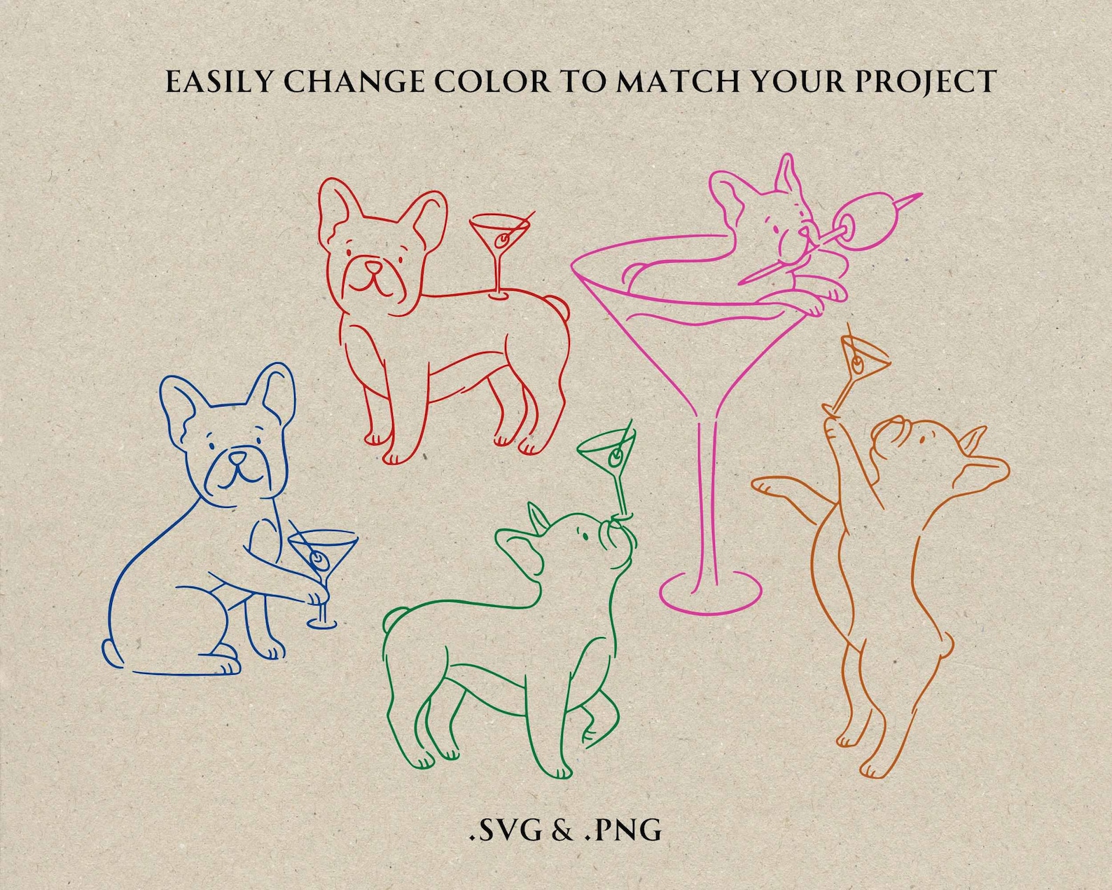 Hand Drawn Frenchie Doodle SVG PNG, Dog and Martini Clipart, Whimsical ...