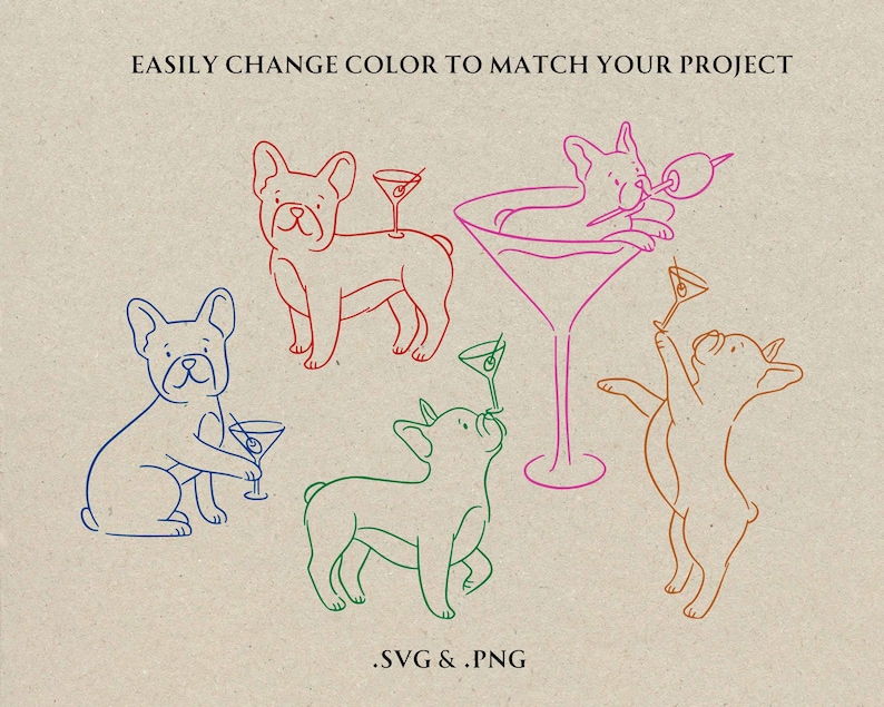 Hand Drawn Frenchie Doodle SVG PNG, Dog and Martini Clipart, Whimsical ...