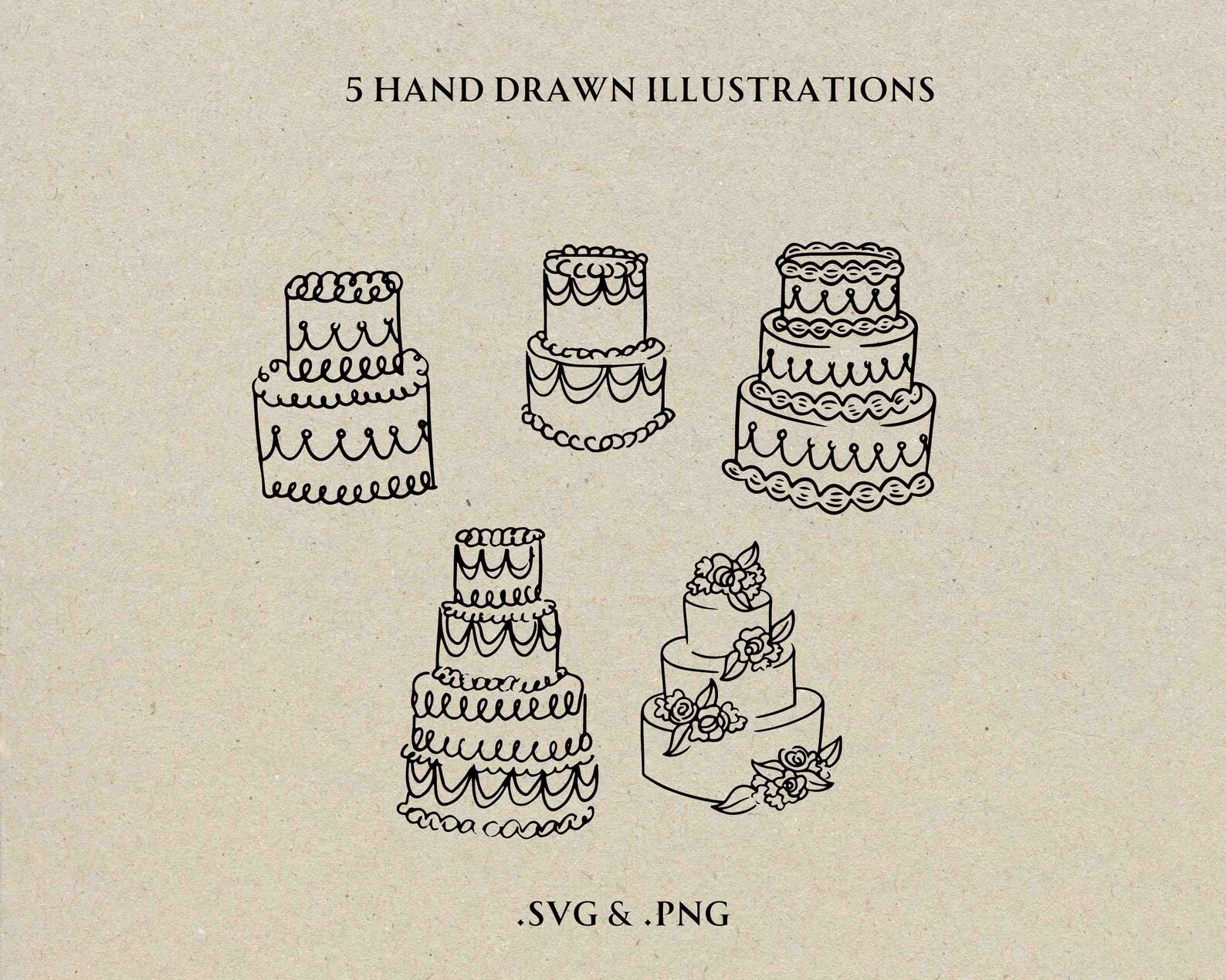 Hand Drawn Wedding Cake SVG PNG, Party Cake Bundle Illustration, Bridal ...