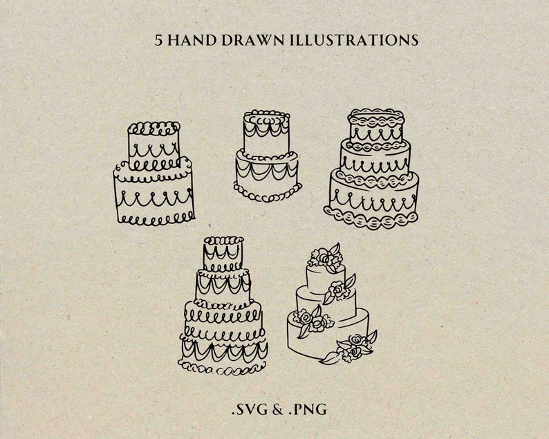 Hand Drawn Wedding Cake SVG PNG, Party Cake Bundle Illustration, Bridal ...