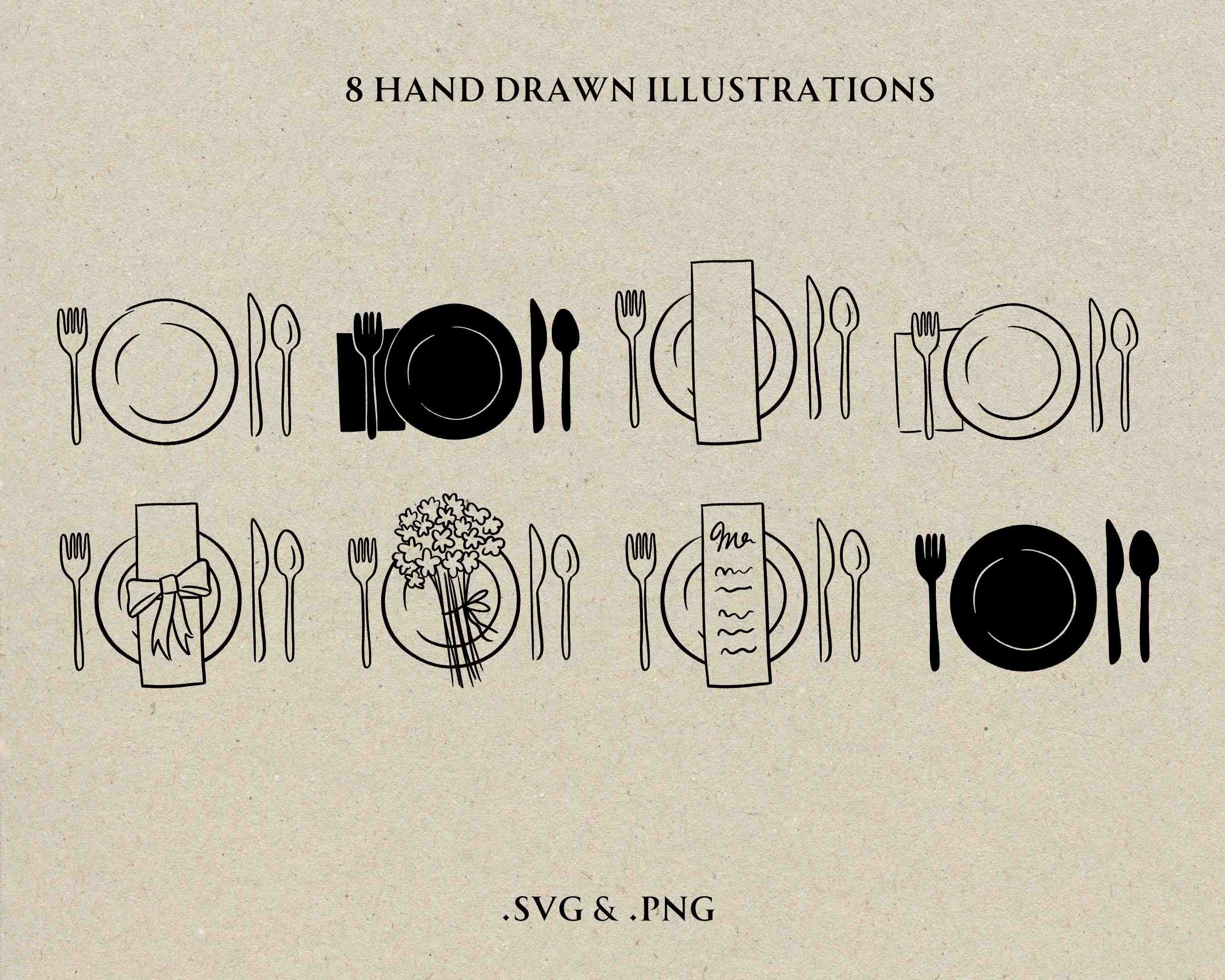 Dinnerware Clipart SVG PNG, Hand Drawn Wedding Illustration Tableware ...