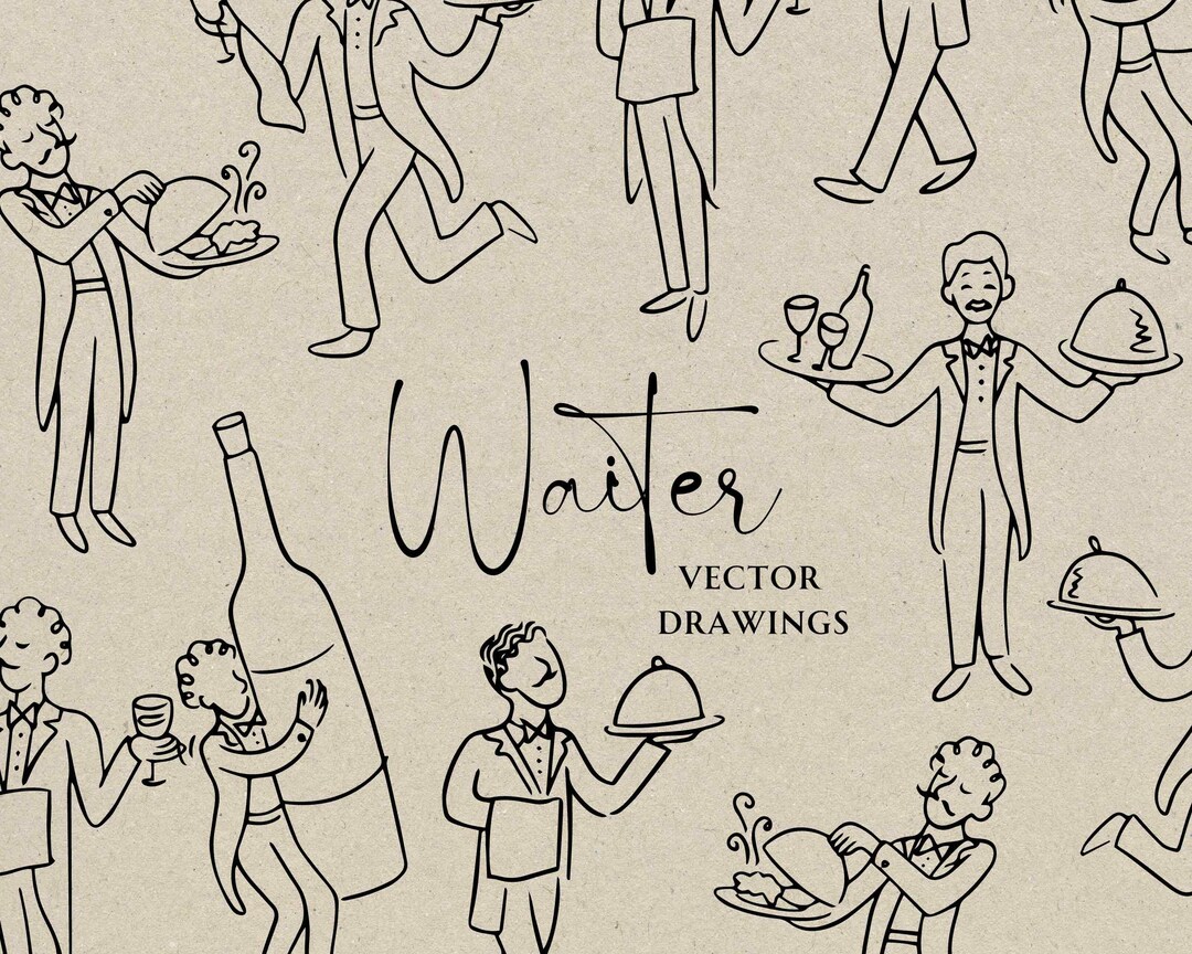 Hand Drawn Waiter SVG PNG Icons, Whimsical Doodle Italian Server ...