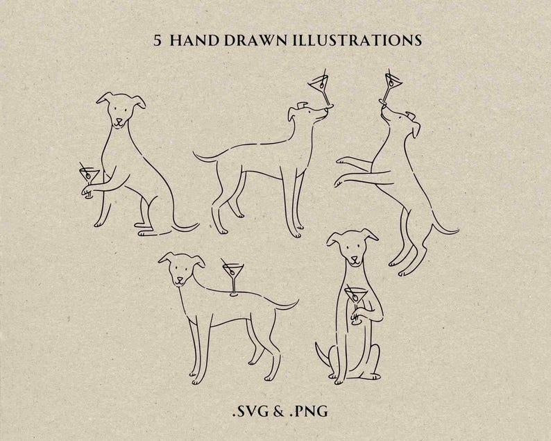 Hand Drawn Whippets and Martinis SVG PNG, Greyhound Dog Wedding ...