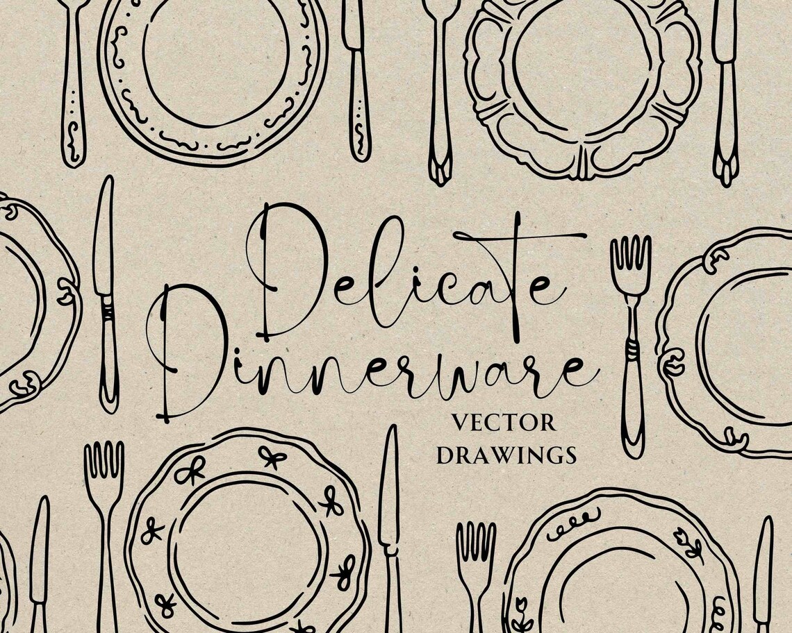 Hand Drawn Wedding Dinnerware SVG PNG, Whimsical Menu Card Clipart ...