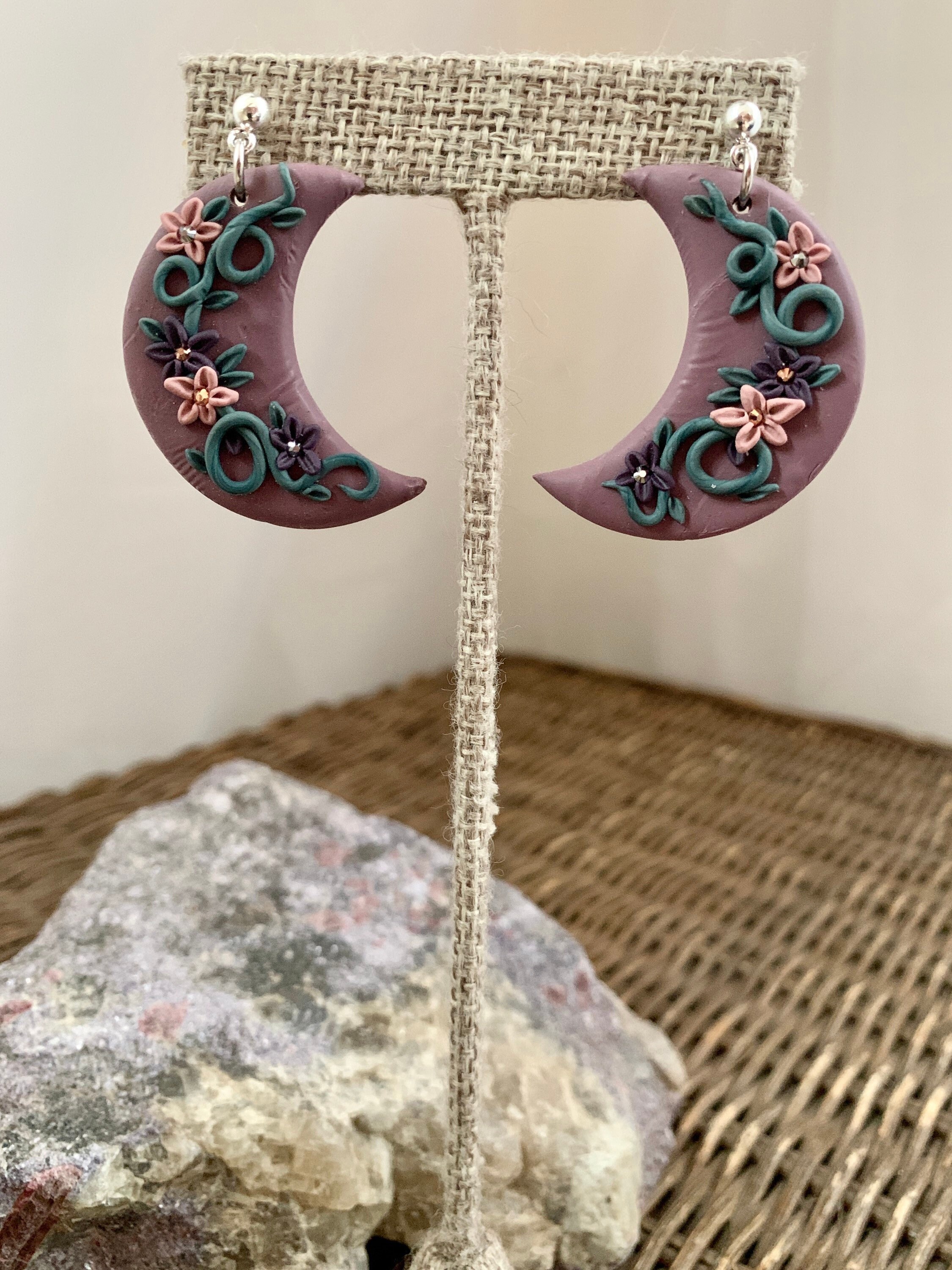 Blush Moon - Polymer Clay Floral Moon Earrings - Etsy