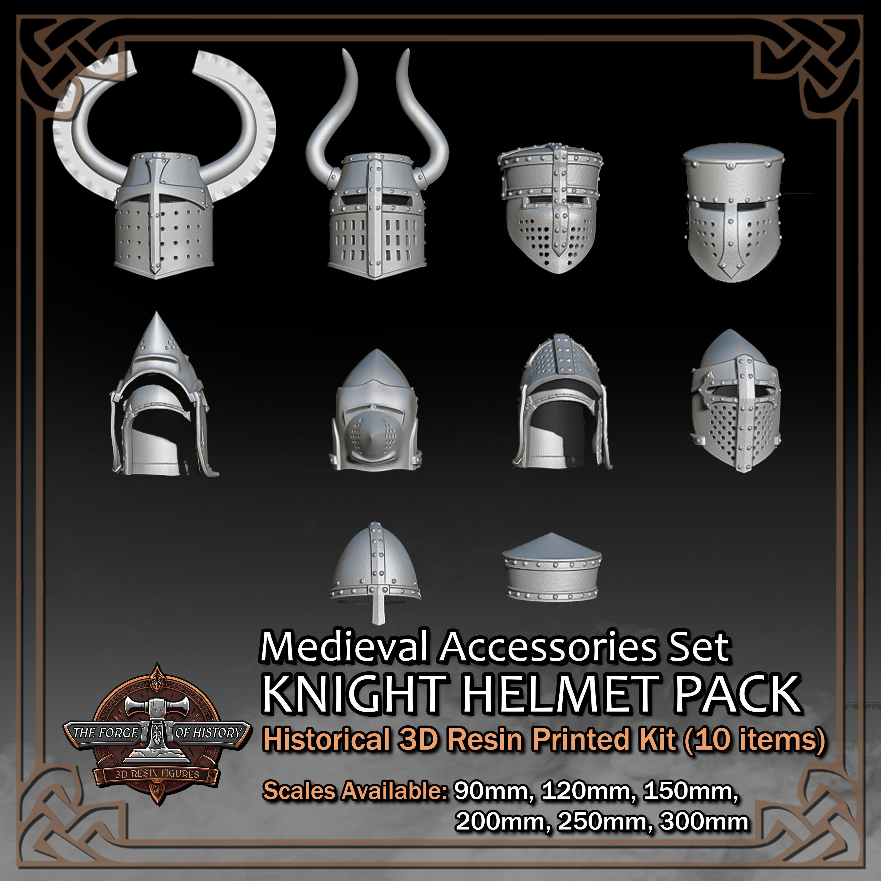 Medieval Knight Helmets Pack accessories Set/10 Items 3D Resin Printed ...