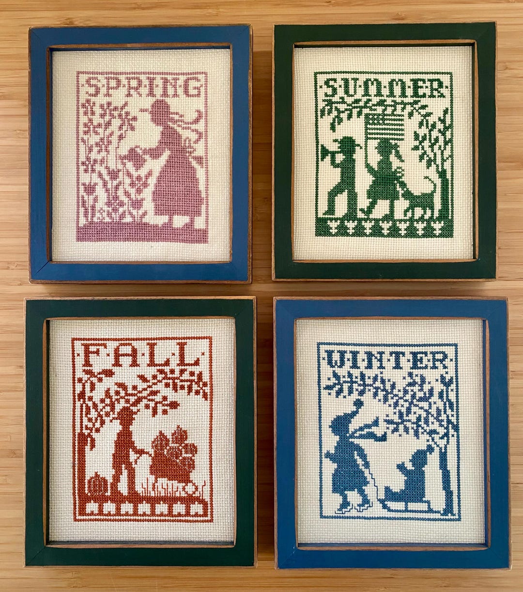 4 Seasons Framed Needlepoint Embroidery Pieces 7.5” Cross Stitch Fiber ...