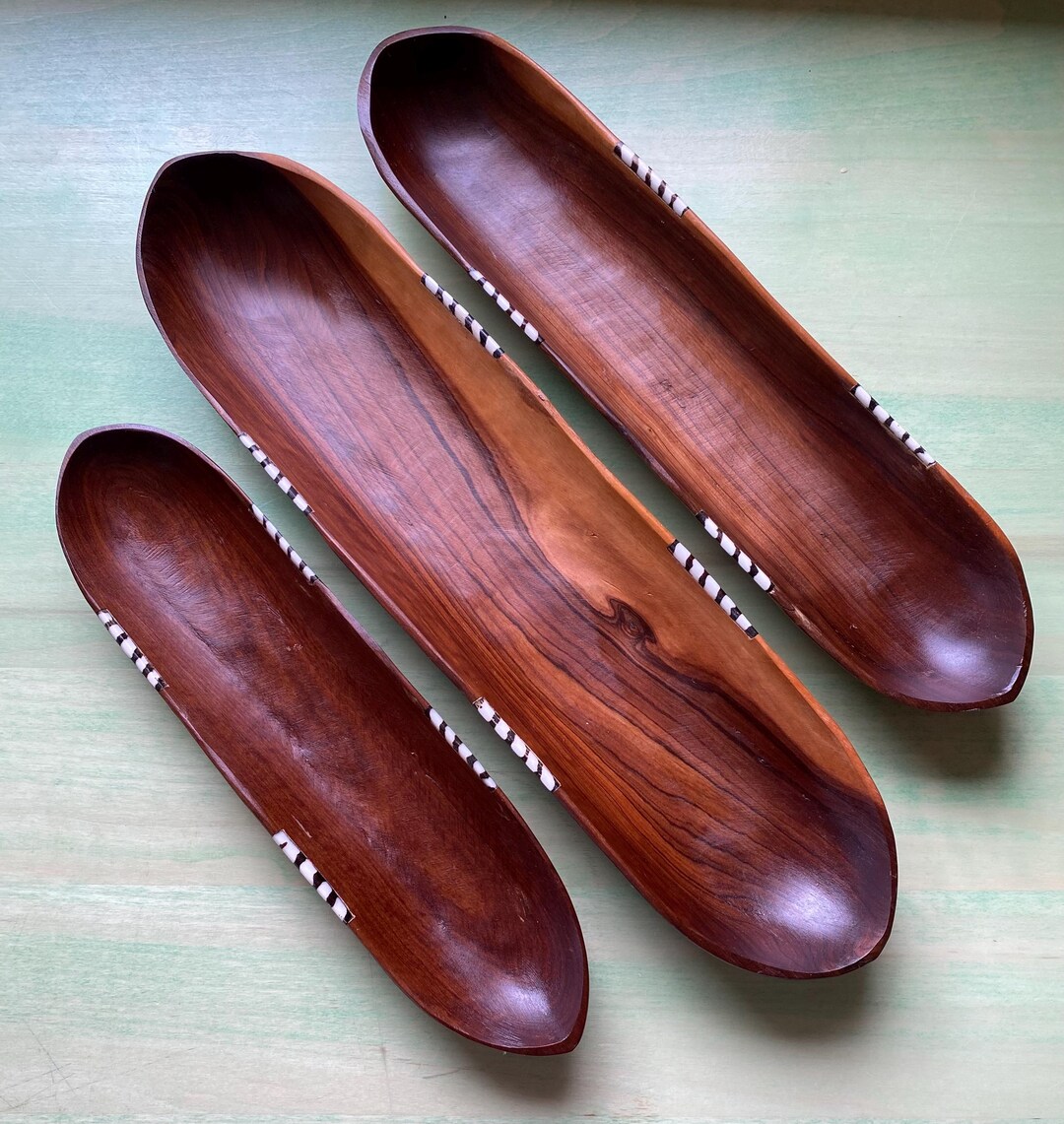 African Wood Bowls With Bone Inlay Black & White Inlaid Detail Nesting ...