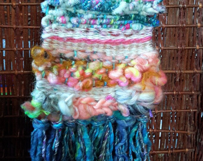 Small Weaving With Hand Spun Wool, Silk, Sparkle in Pink and Blue Tones ...