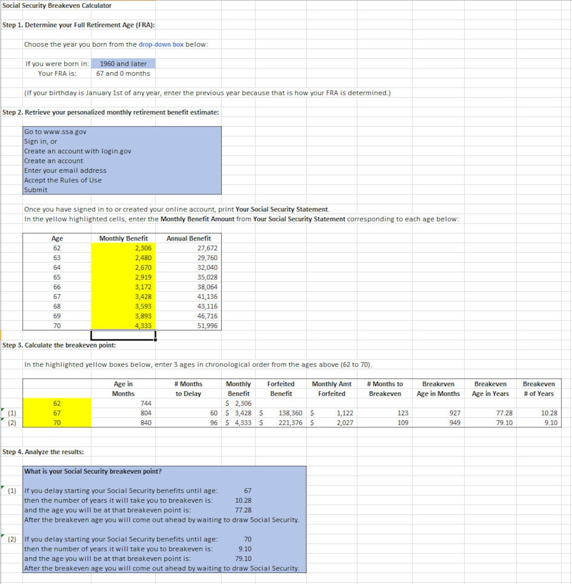 Social Security Break Even Calculator - Digital Download - Excel ...