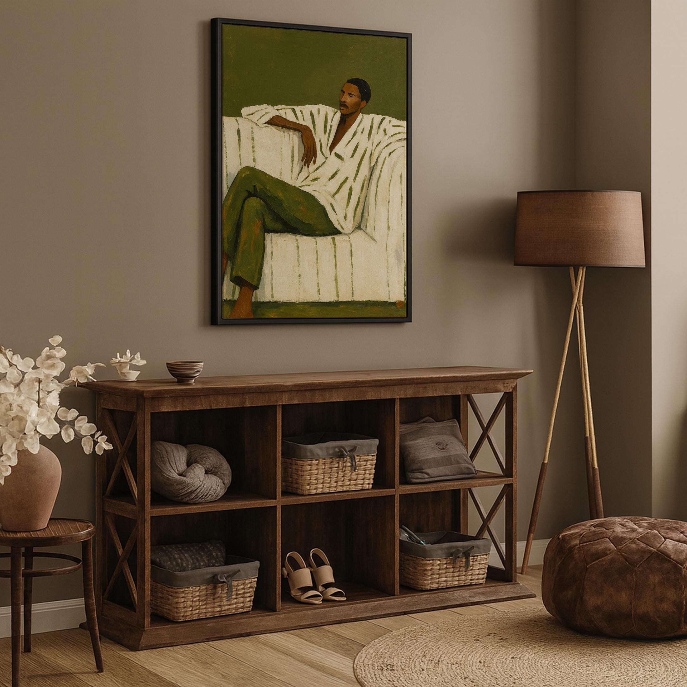 Olive Green Lounge Figure Poster, Minimalist Sitting Person Wall Art ...