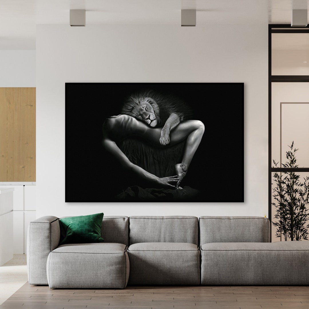 Lion and Woman Canvas, Sexy Woman Poster, Black and White Wall Decor, Nude Body Canvas Painting ...