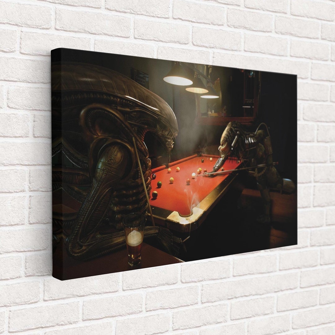 Alien Vs Predator Playing Pool Match Canvas, Alien Art Canvas, Playing ...