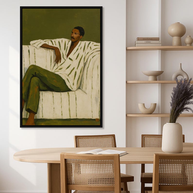 Olive Green Lounge Figure Poster, Minimalist Sitting Person Wall Art ...