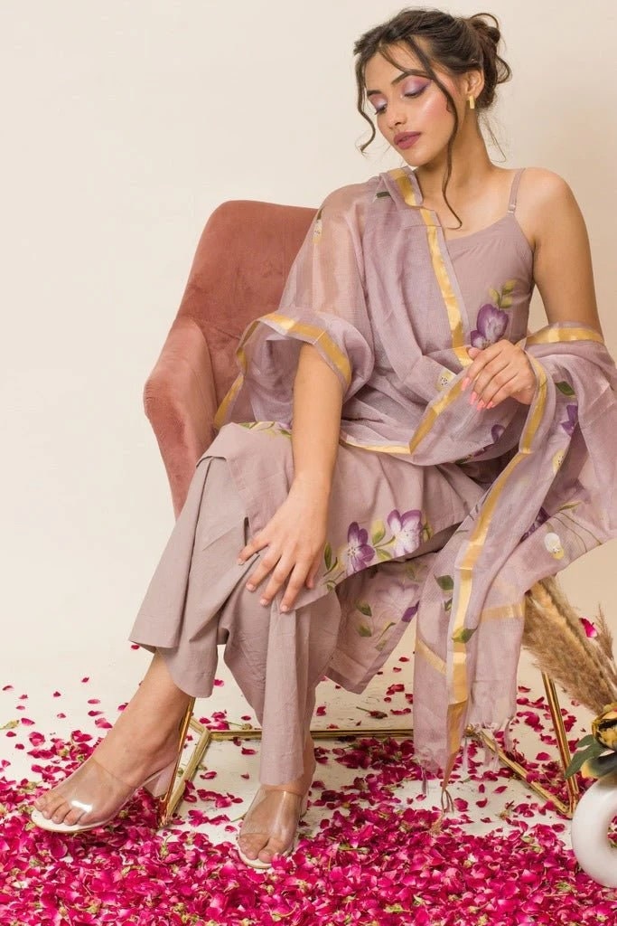 Seyali Hand Painted Kurti and Plazzo Set, Beautiful Floral Kurti Set, Plazzo Set, Kurti Pant Set ...