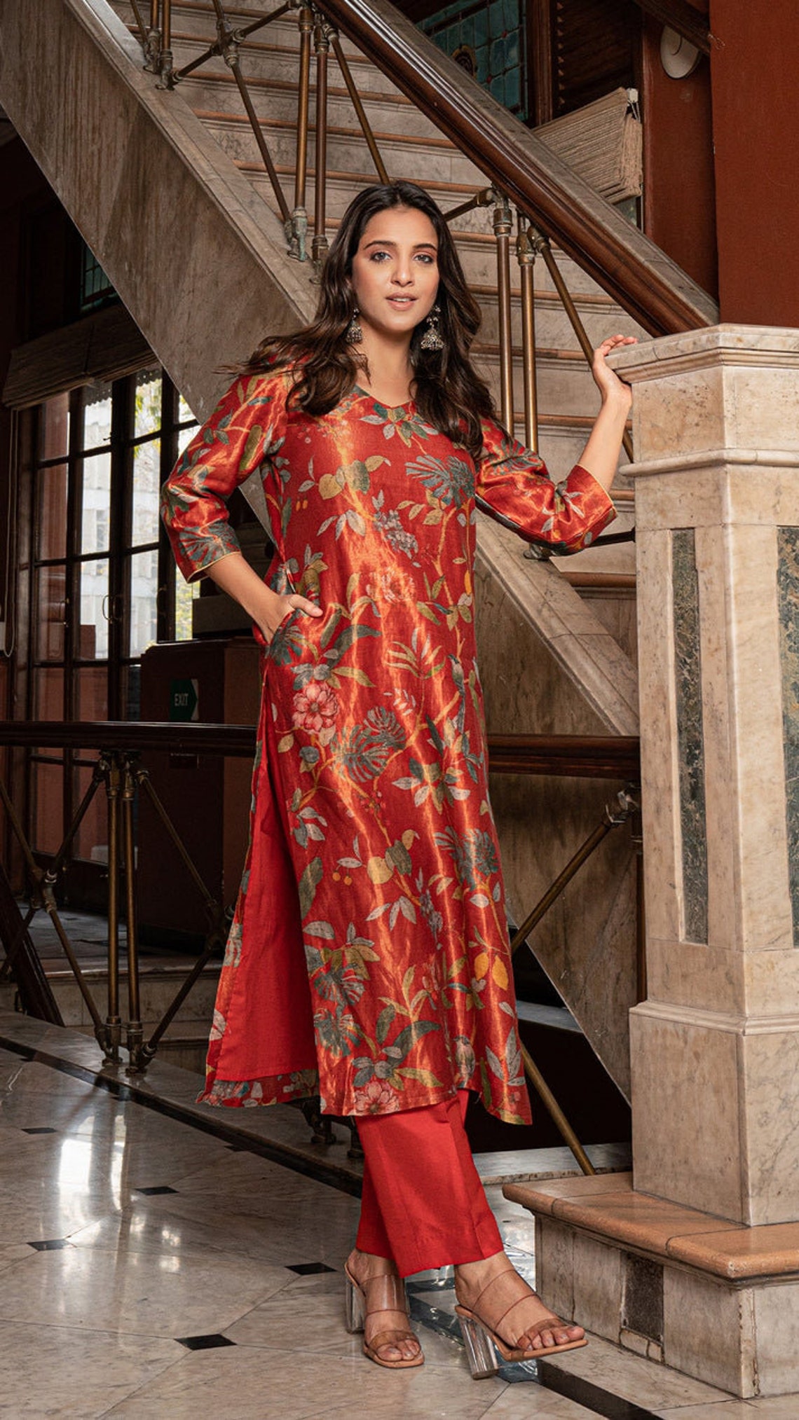 Rust Pure Tissue Printed Kurta Set, Readymade Party Wear Kurta & Kurti ...