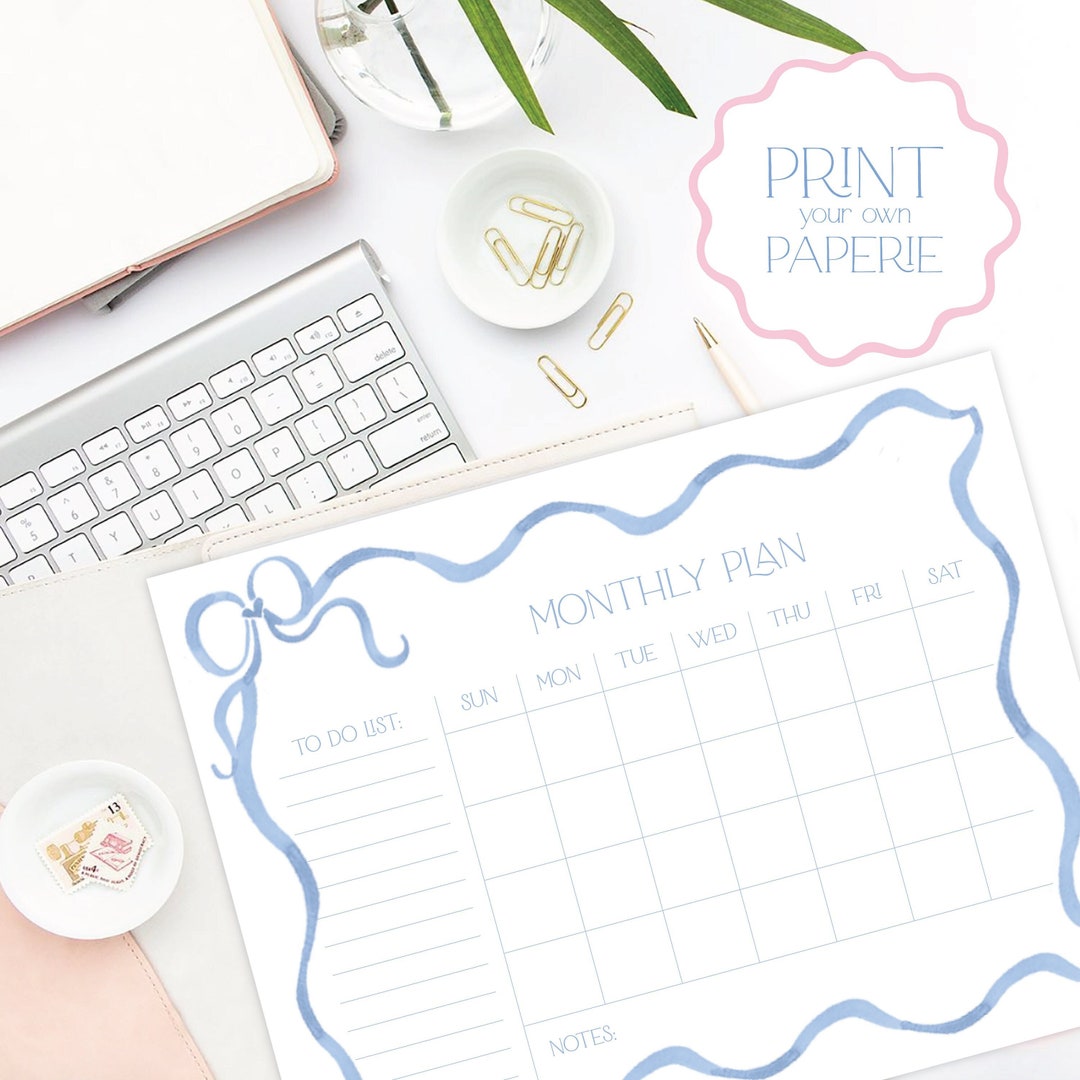 Watercolor Bow Monthly Planner Printable, Printable Monthly Planner, to ...
