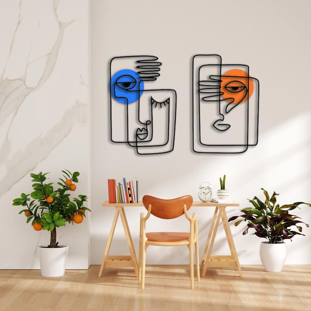 Set of 2 Wall Art, Faces Line Metal Wall Art, Colorful Metal Wall Decor ...