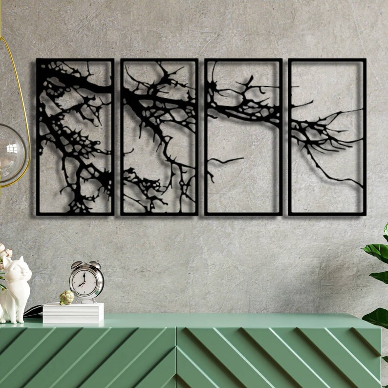 Quadruple Tree Metal Wall Decoration, Tree Branches Metal Wall Art ...