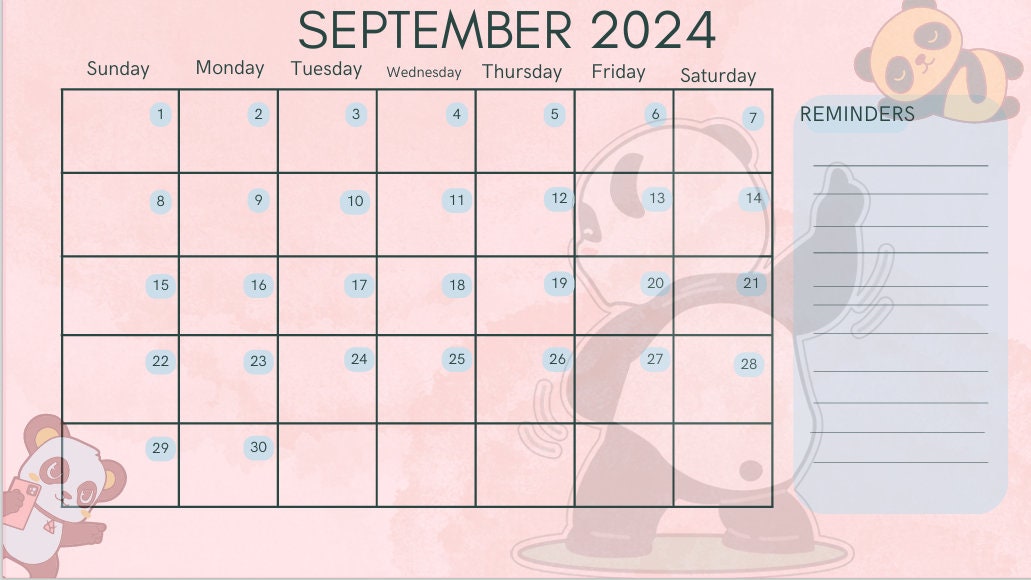 Back-to-school 2024 Monthly Calendar Pink Bear Design Monday to Sunday ...