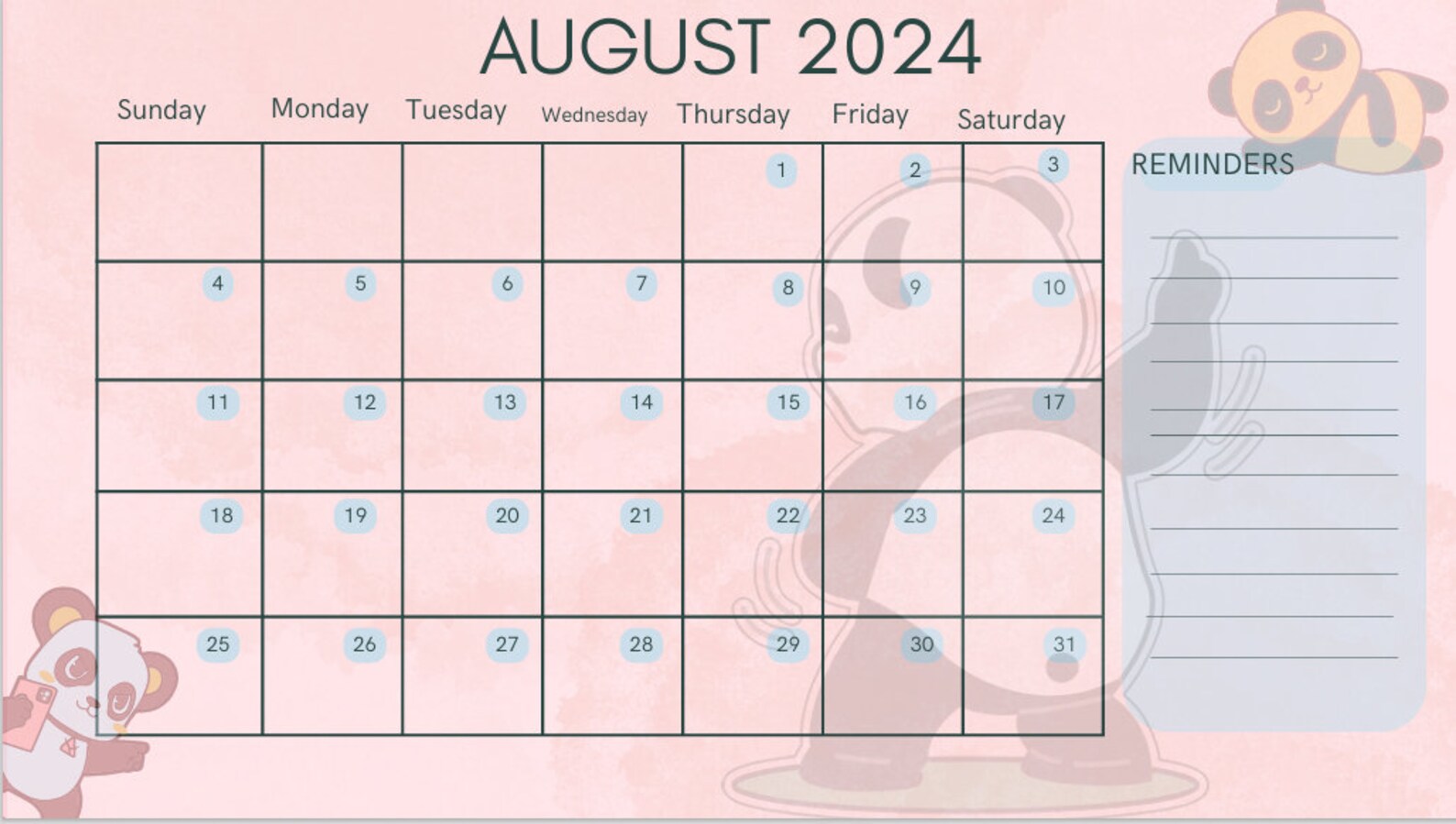 Back-to-school 2024 Monthly Calendar Pink Bear Design Monday to Sunday ...
