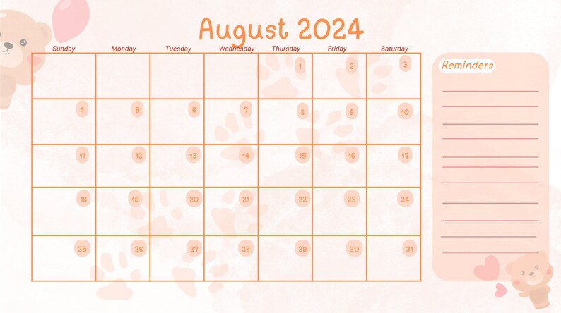 2024 Monthly Calendar Bear Design Monday to Sunday Letter Size ...