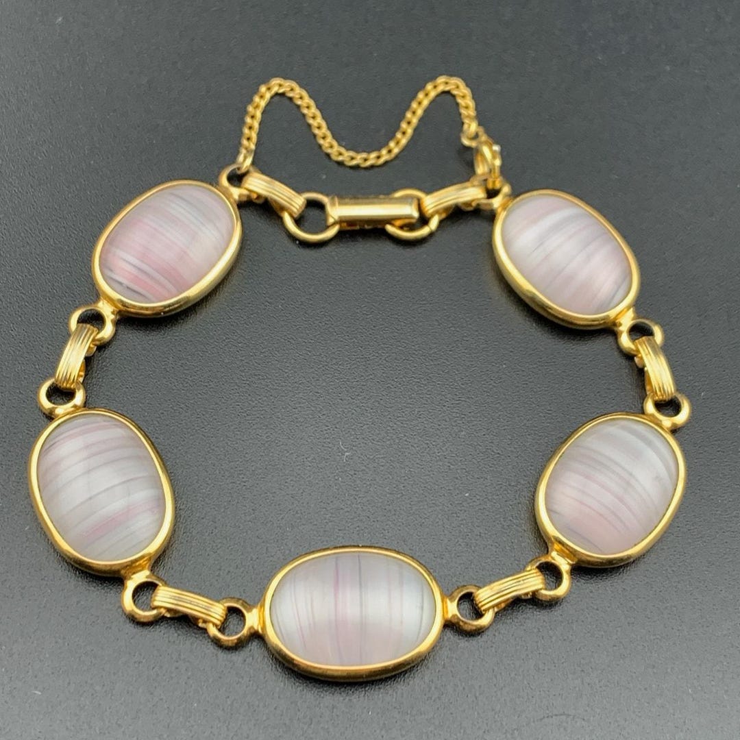 Vintage Gold Tone Pink Porphyry Glass Cabochon Bezel Set Bracelet 7.5 ...