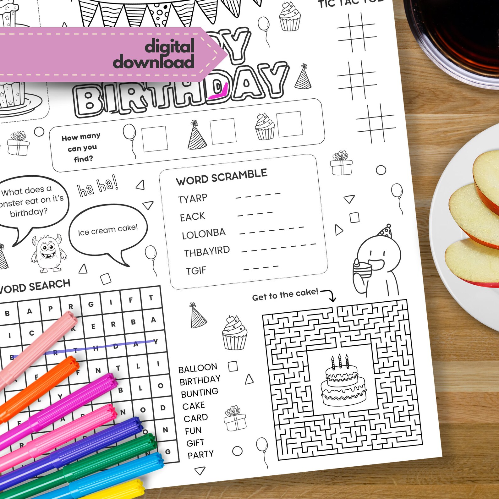 Kids Fun Birthday Printable Colouring Placemat - Instant Download ...