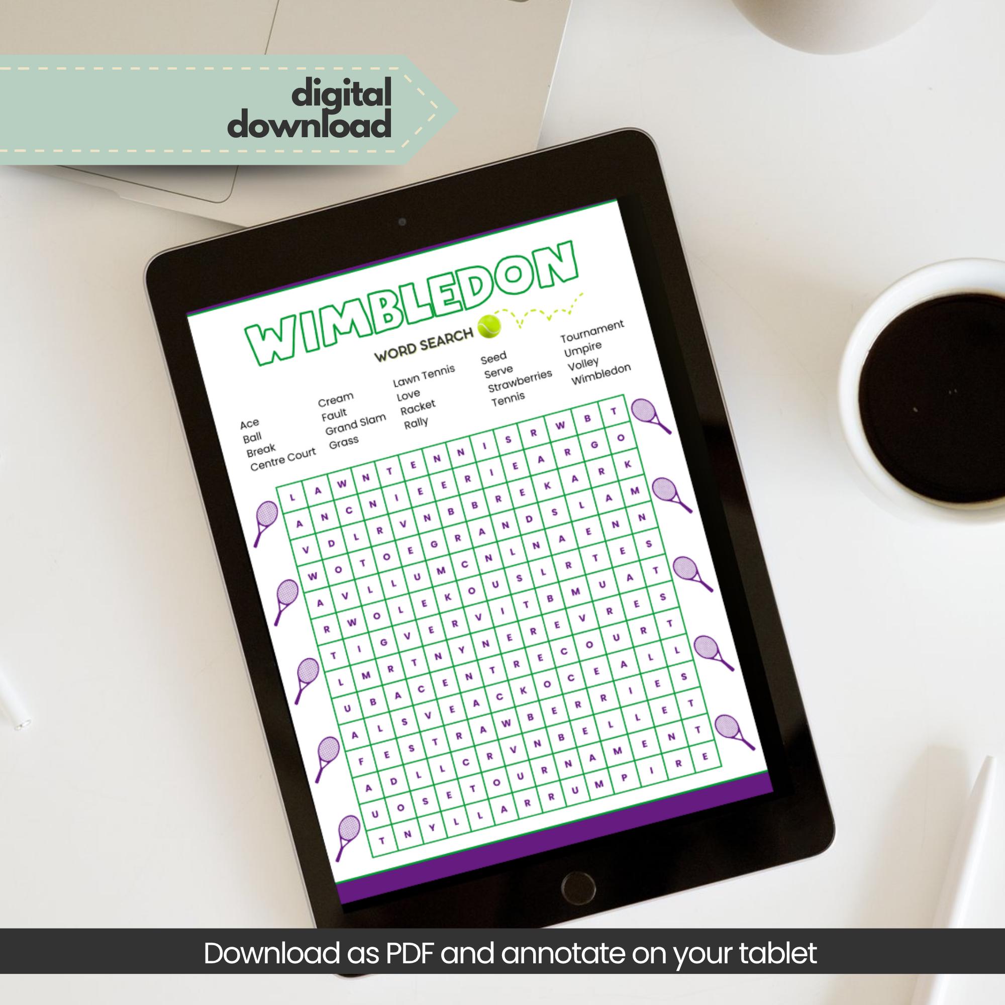 Wimbledon Tennis Printable Word Search Puzzle - Summer Sport Party ...
