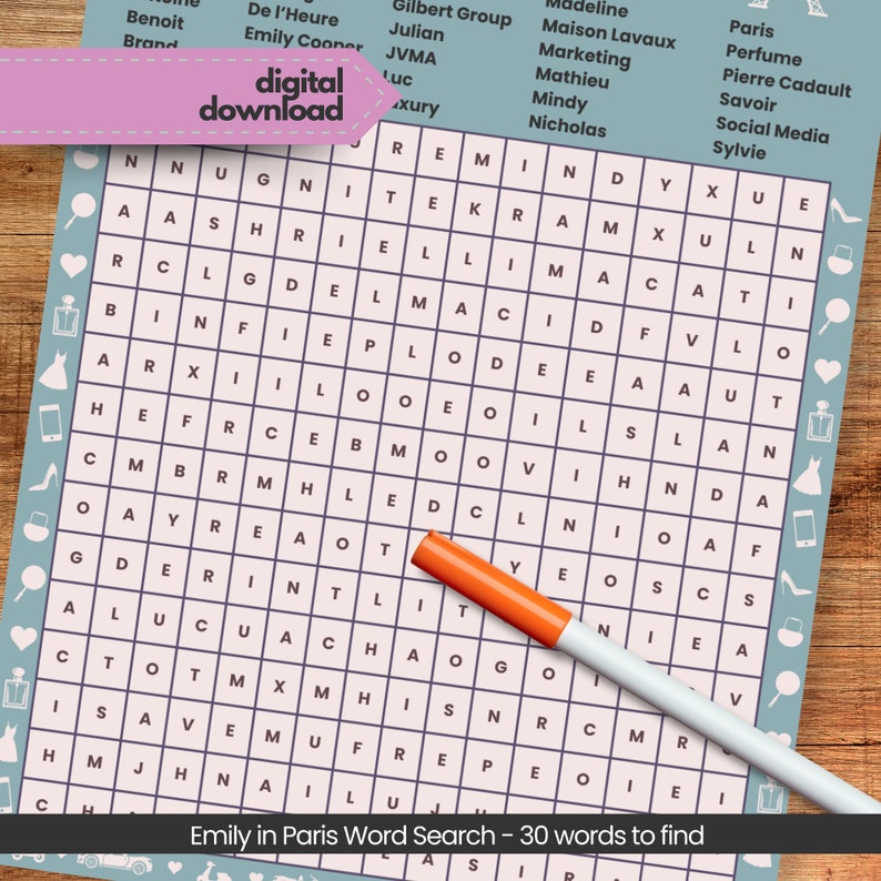 Emily in Paris Inspired Printable Word Search, Instant Download - Etsy