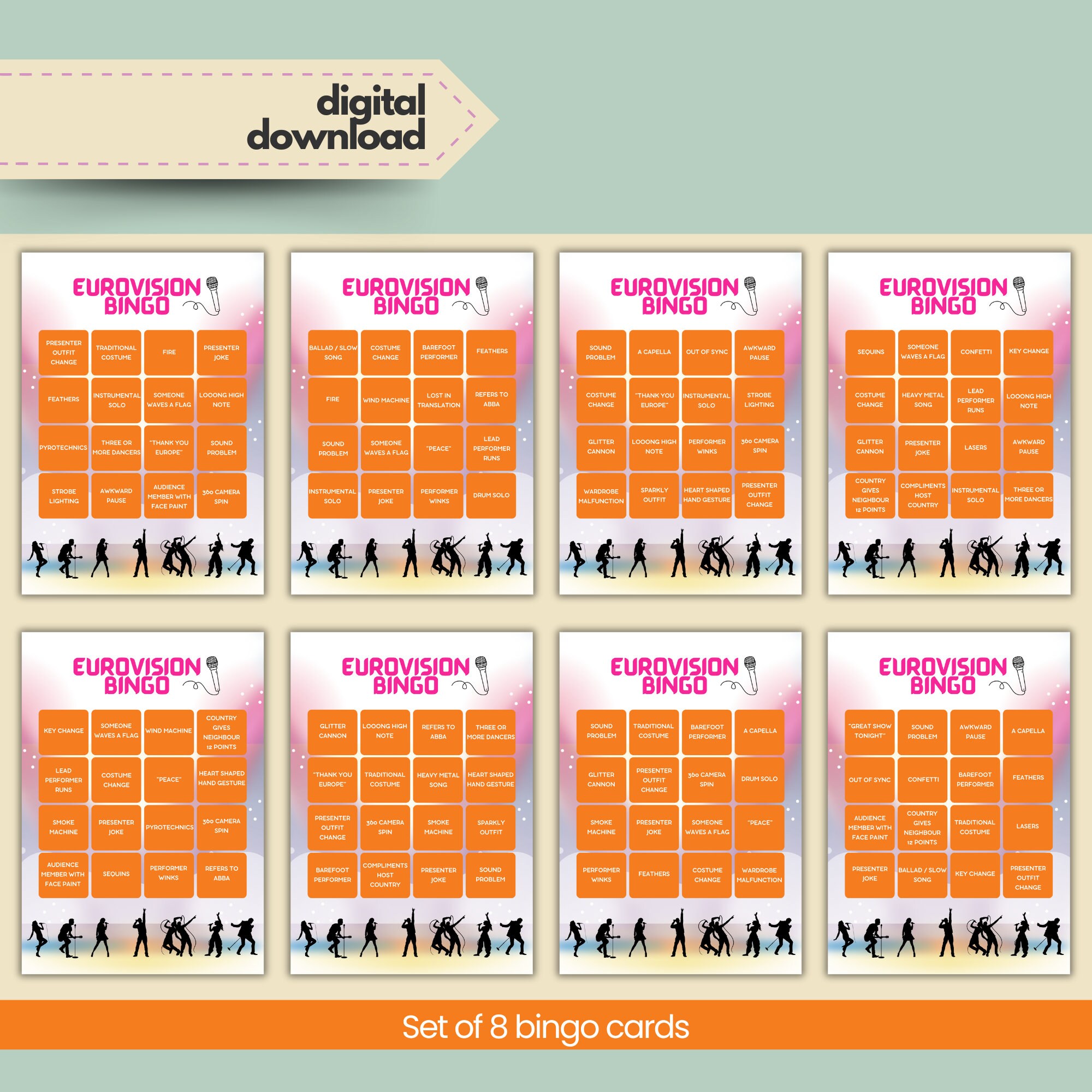 Eurovision Bingo Game Printable, 8 Player Cards, Printable Eurovision ...