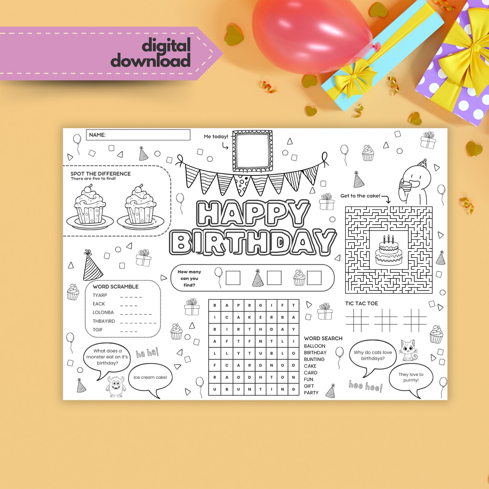 Kids Fun Birthday Printable Colouring Placemat - Instant Download ...