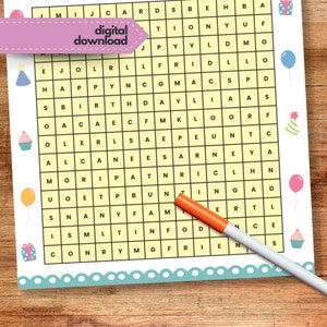 Printable Birthday Word Search Puzzle, Instant Download Activity for ...