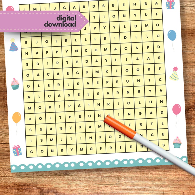 Printable Birthday Word Search Puzzle, Instant Download Activity for ...