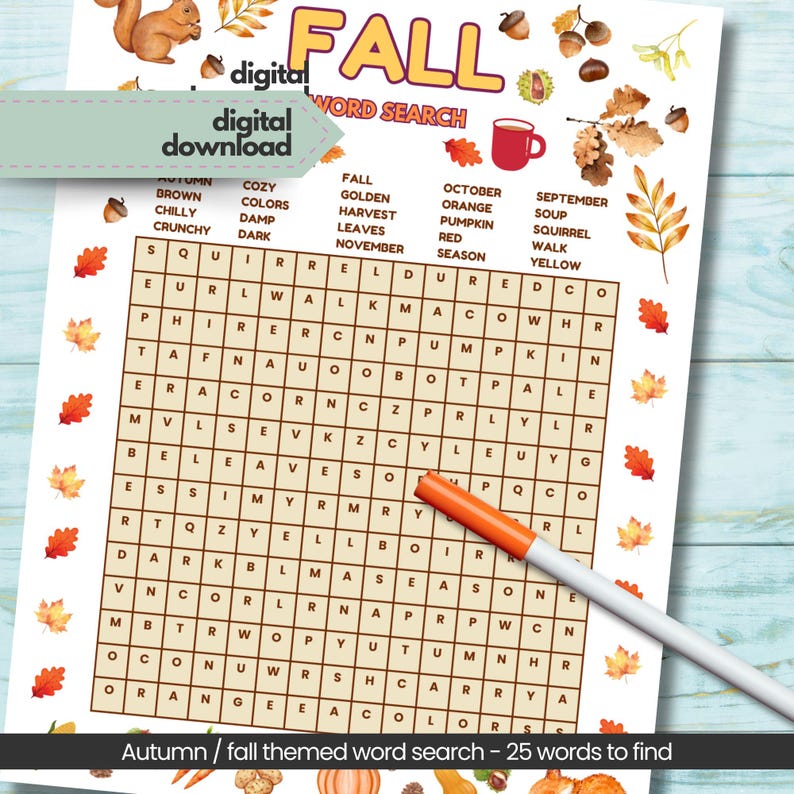 Autumn / Fall Word Search, Printable Activity, Instant Download - Etsy