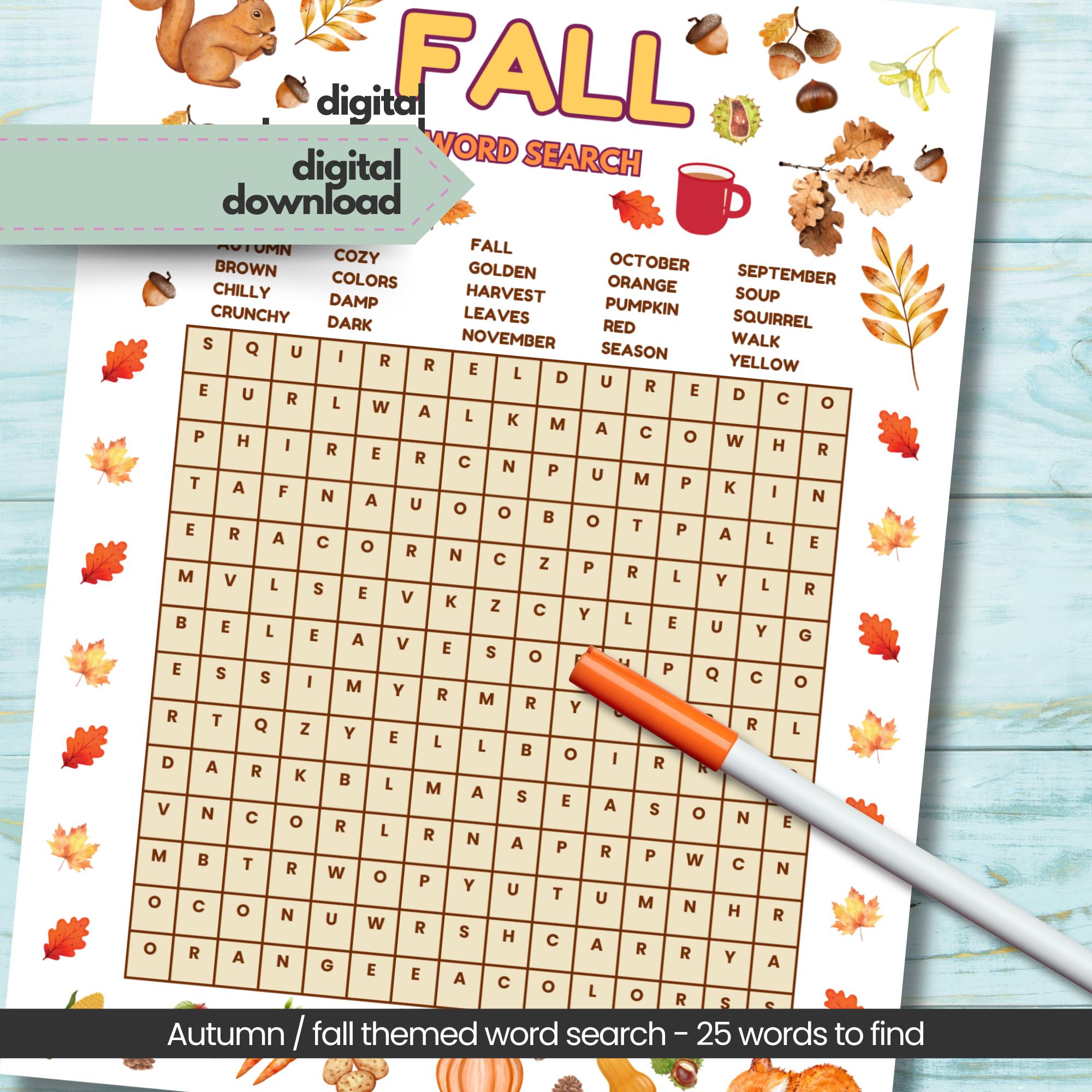 Autumn / Fall Word Search, Printable Activity, Instant Download - Etsy