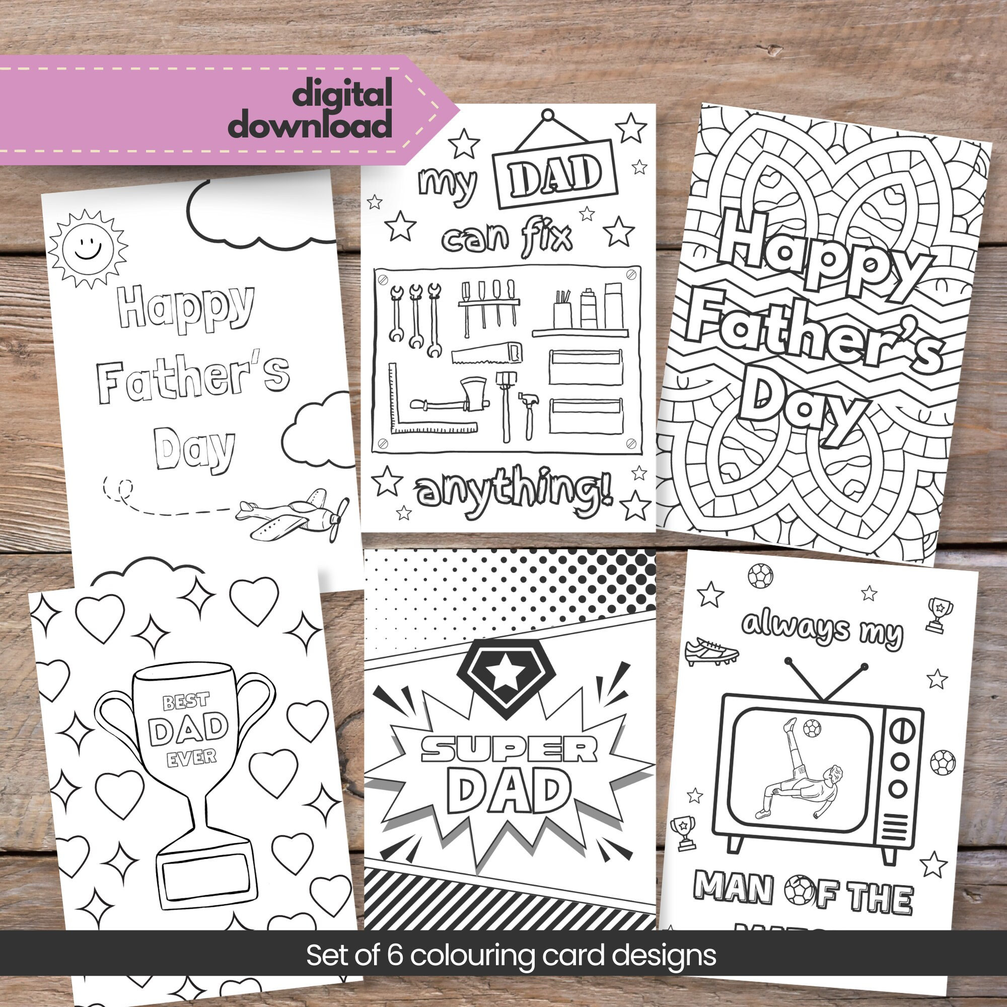 Father's Day Printable Coloring Card Set, Instant Download Designs ...