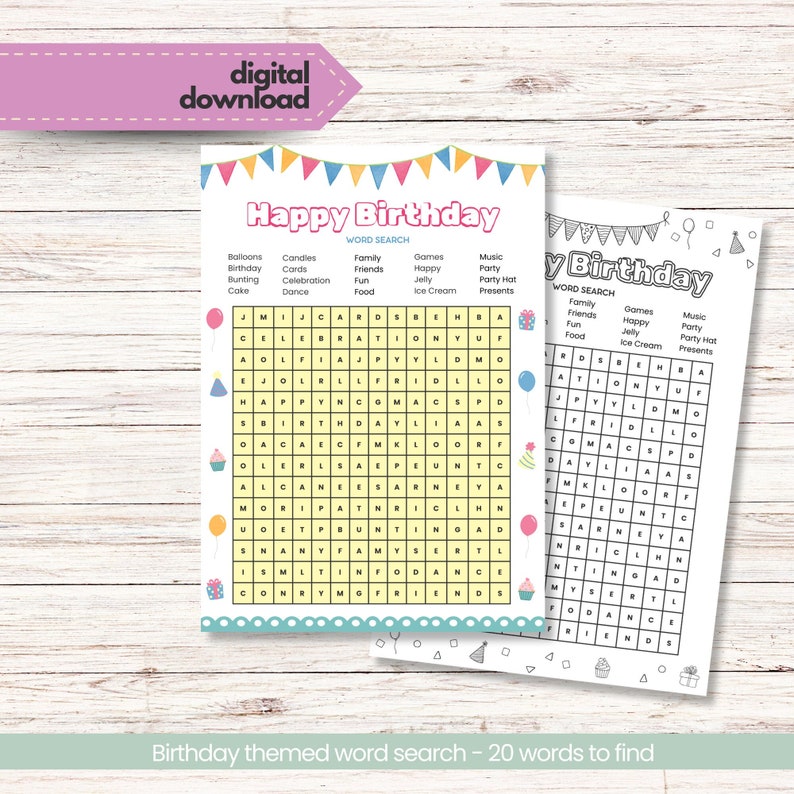Printable Birthday Word Search Puzzle, Instant Download Activity for ...