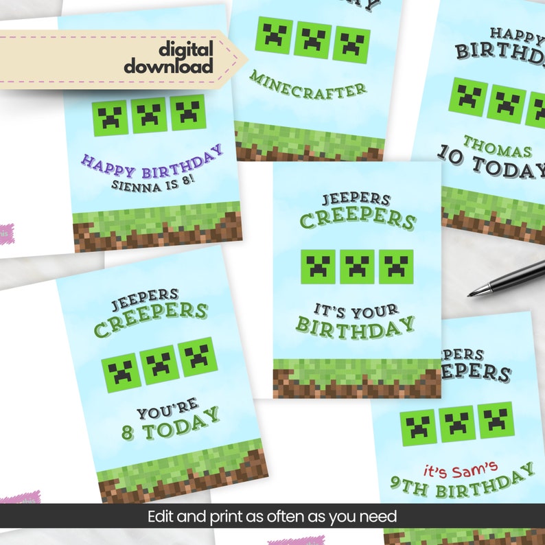 Creeper Printable Card, Block Game Birthday Theme, Instant Download - Etsy